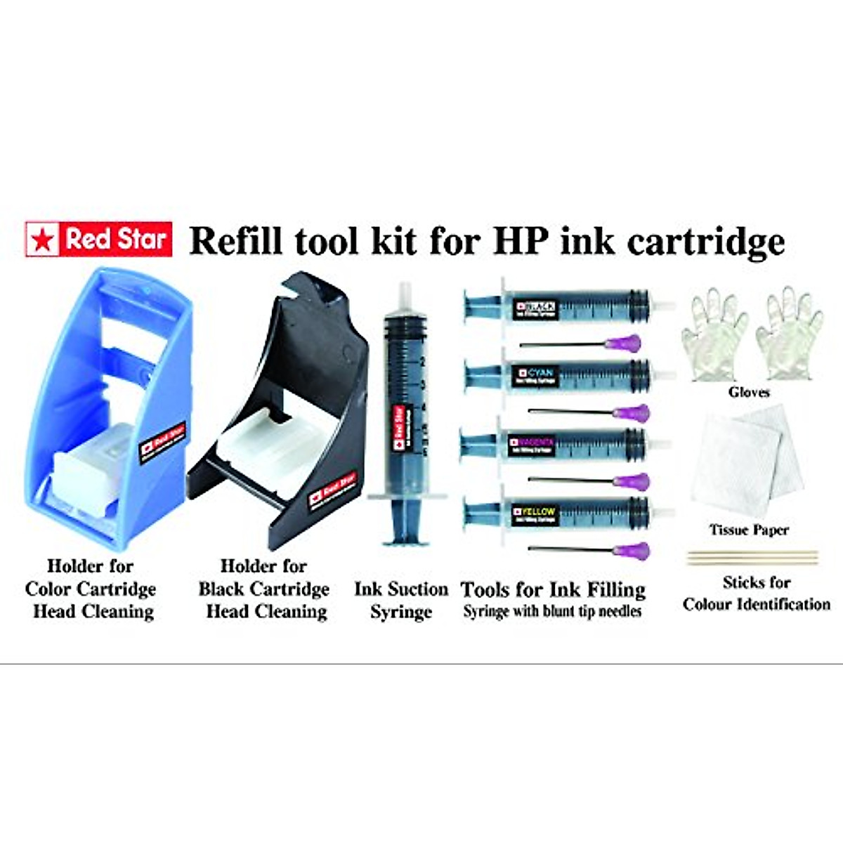 Red Star Ink Cartridge Refill Tool kit for hp 63 62 61 60 64 65 67 & 901 Black and Color Ink Cartridge ( Tools for Ink Filling, Nozzle Cleaning, Ink Suction Priming Holder Clip & Instructions )