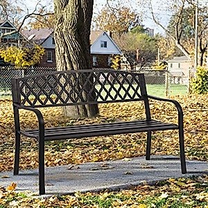 Dkeli Patio Bench Garden Bench Outdoor Bench 50” Metal Porch Chair with Armrests Sturdy Steel Frame Furniture, 480LBS Weight Capacity for Park Yard Patio Deck Lawn, Black