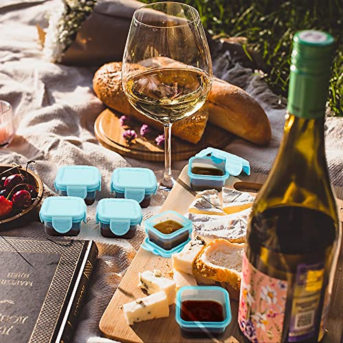 Amytalk Mini Salad Dressing Containers Reusable Plastic Sauce Containers Small Sauce Condiment Cups with Lid for Lunch Box Picnic Travel (Blue)