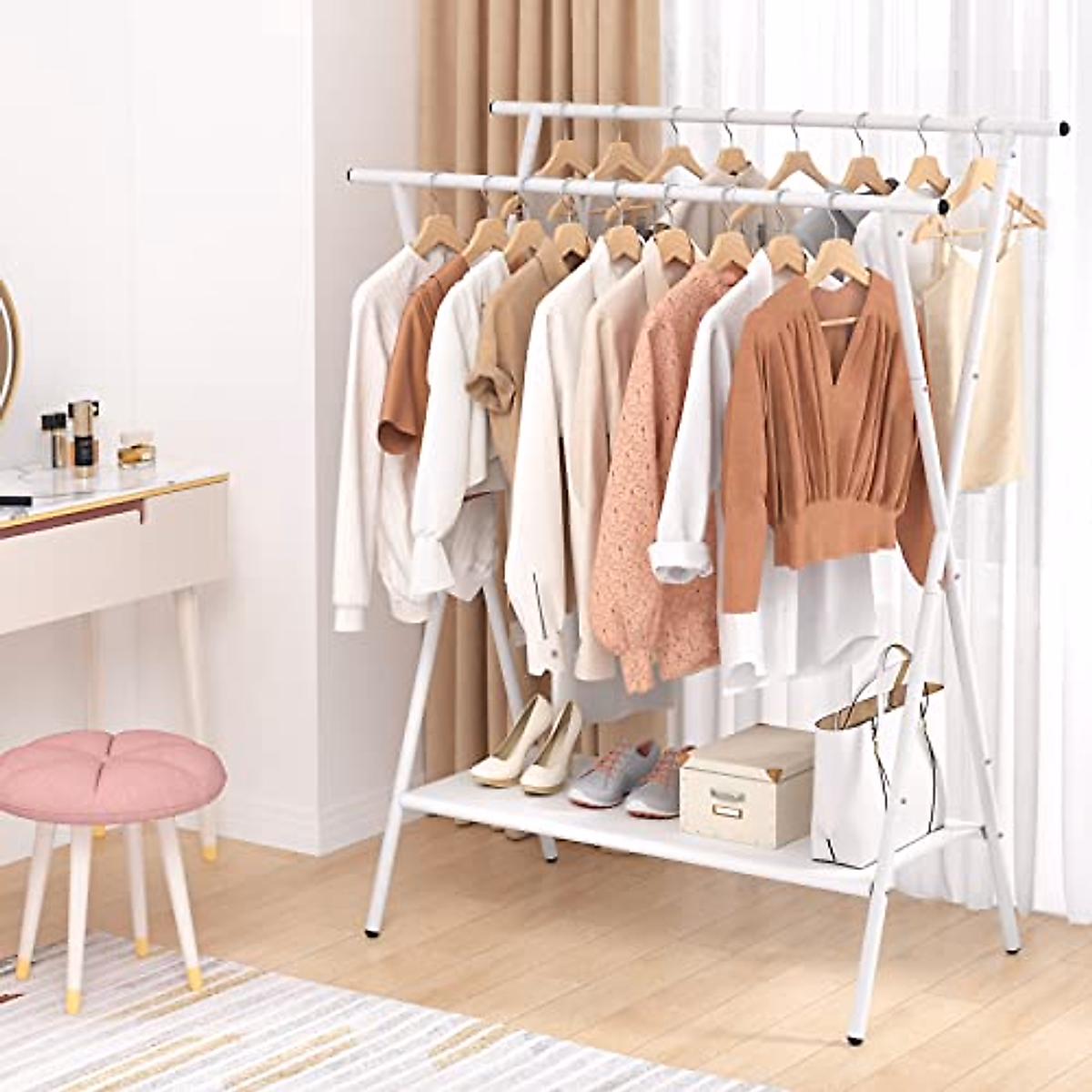 Laiensia Double Rods Clothing Racks, Portable Clothing Hanging Garment Rack with Bottom Oxford Cloth Shelves, White
