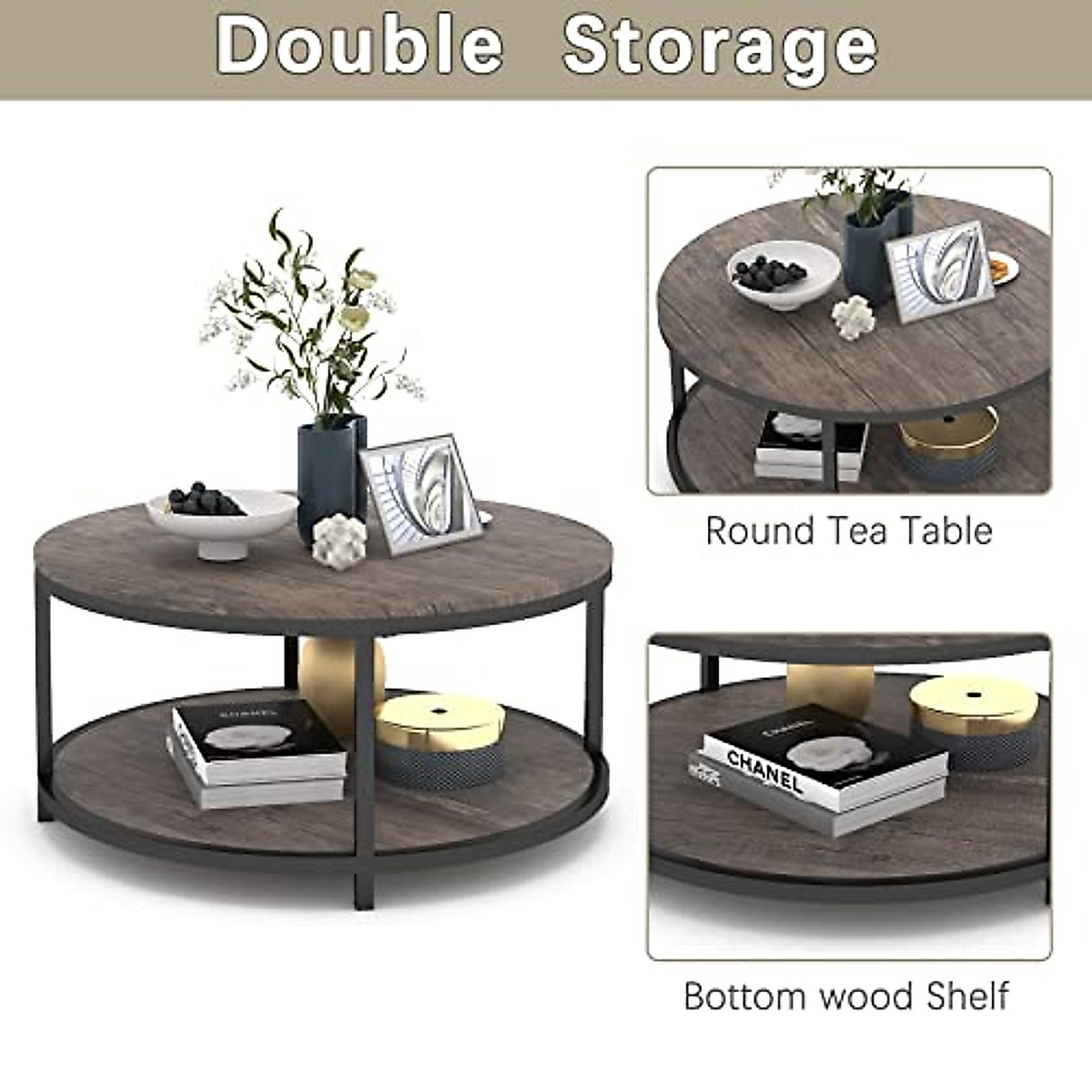 NSdirect 36 inch Round Coffee Table,Coffee Table for Living Room,2-Tier Rustic Wood Desktop & Sturdy Metal Legs Table Modern Design Home Furniture with Storage Shelf (Light Walnut)