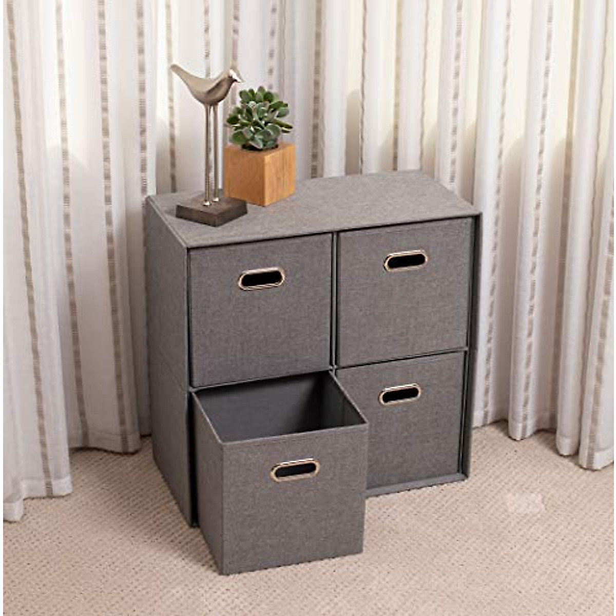 BIRDROCK HOME Grey Linen Cube Organizer with 4 Storage Bins – Collapsible Fabric Shelves and Cubes