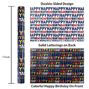 Reversible Birthday Wrapping Paper Roll - 17 Inch X 33 Ft(46.8 Sq.Ft.Ttl) - Creative Colorful Happy Birthday Lettering & Candle Navy Blue Gift Wrap Paper for Birthday, Party, Baby Shower & Holiday