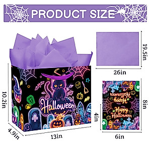 duludulu Purple 13" Large Halloween Bags Cat Pumpkins Halloween Bag with Card and Purple Tissue Paper for Kids Adults Halloween Party Birthday Bag Supplies