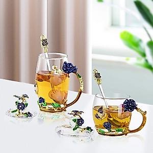 Glass Tea Cup with Lids, 2 Pack Blue Rose Butterfly Lead-Free Handmade Coffee Mug Tea Cup with Flower Spoon, Great for Women Wife Mom Grandma Gifts Girls Friends Birthday Valentine's Day