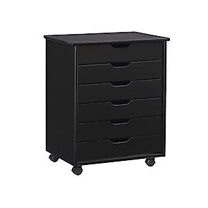 Linon Rolling Storage Corinne Cart, Six Wide Drawers, Black Wide