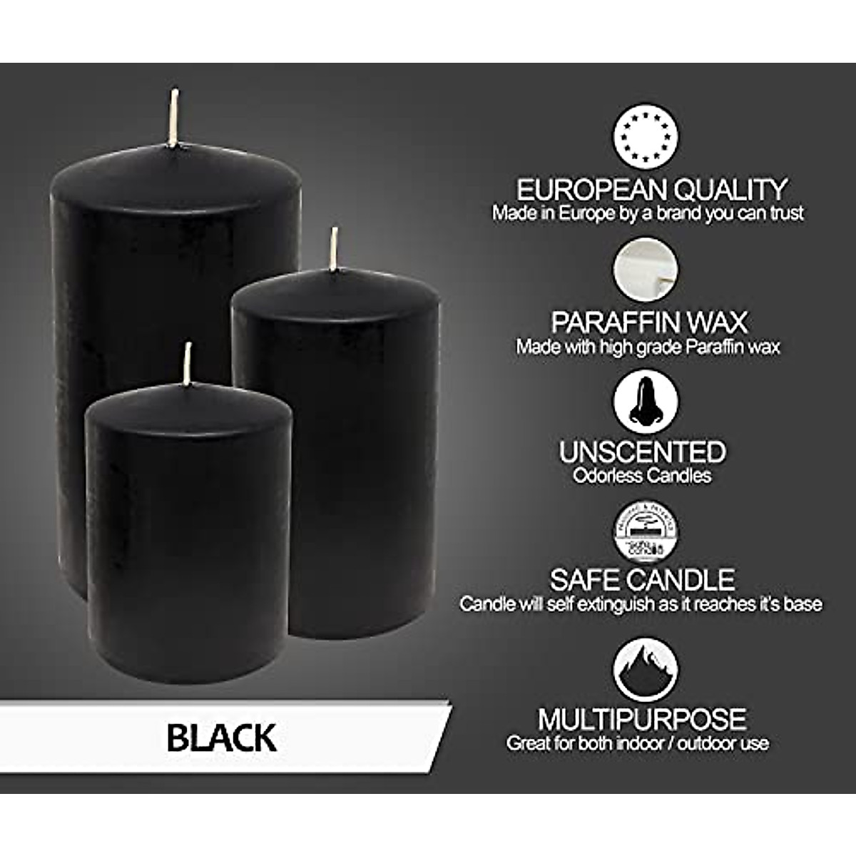 Hyoola Black Pillar Candles 2x3 Inch - 4 Pack Unscented Pillar Candles - European Made
