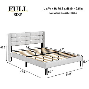 CXVX Full Size Platform Bed Frame with Upholstered Headboard and Wingback, Mattress Foundation with Wooden Slat Support, No Box Spring Needed, Easy Assembly, Noise Free, Light Grey