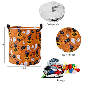 Laundry Basket,Halloween Black Cat Ghost Pumpkins Waterproof Clothes Hampers with Handle,Boo Witch Hat Broom on Orange Large Collapsible Storage Bag for Bedroom Bathroom 16.5x17In