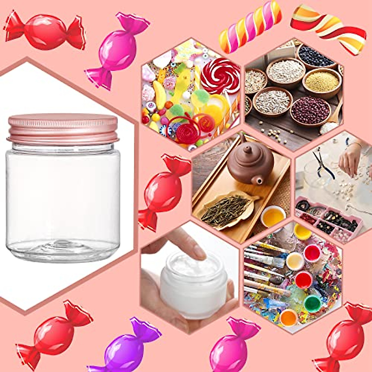 Fasmov 30 Pack 5 Ounce Clear Plastic Jars Containers with Rose Gold Lids, Round Empty Plastic Slime Storage Containers for Kitchen & Household Storage - BPA Free
