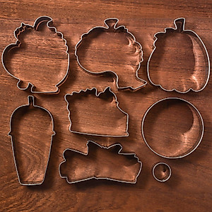 LILIAO Fall/Autumn Cookie Cutter Set - 8 Piece - Pumpkin, Pumpkin Spice Latte, Pie Slice, Donuts, Tall Pumpkin and Cinnamon - Stainless Steel - By Janka