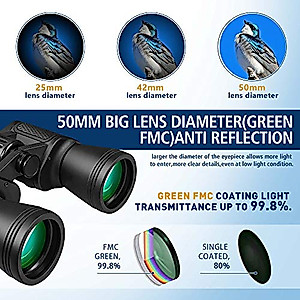 20x50 High Power Binoculars for Adults with Low Light Night Vision, Compact Waterproof Binoculars for Bird Watching Hunting Travel Football Games Stargazing with Carrying Case and Strap