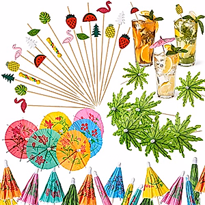 160 Pieces Cocktail Picks 4.7 Inch Fruit Sticks Bamboo Toothpicks Green Tropical Coconut Palm Summer Day Paper Umbrellas and Colorful Drink Umbrellas for Luau Hawaii Beach Party (Mixed Style)