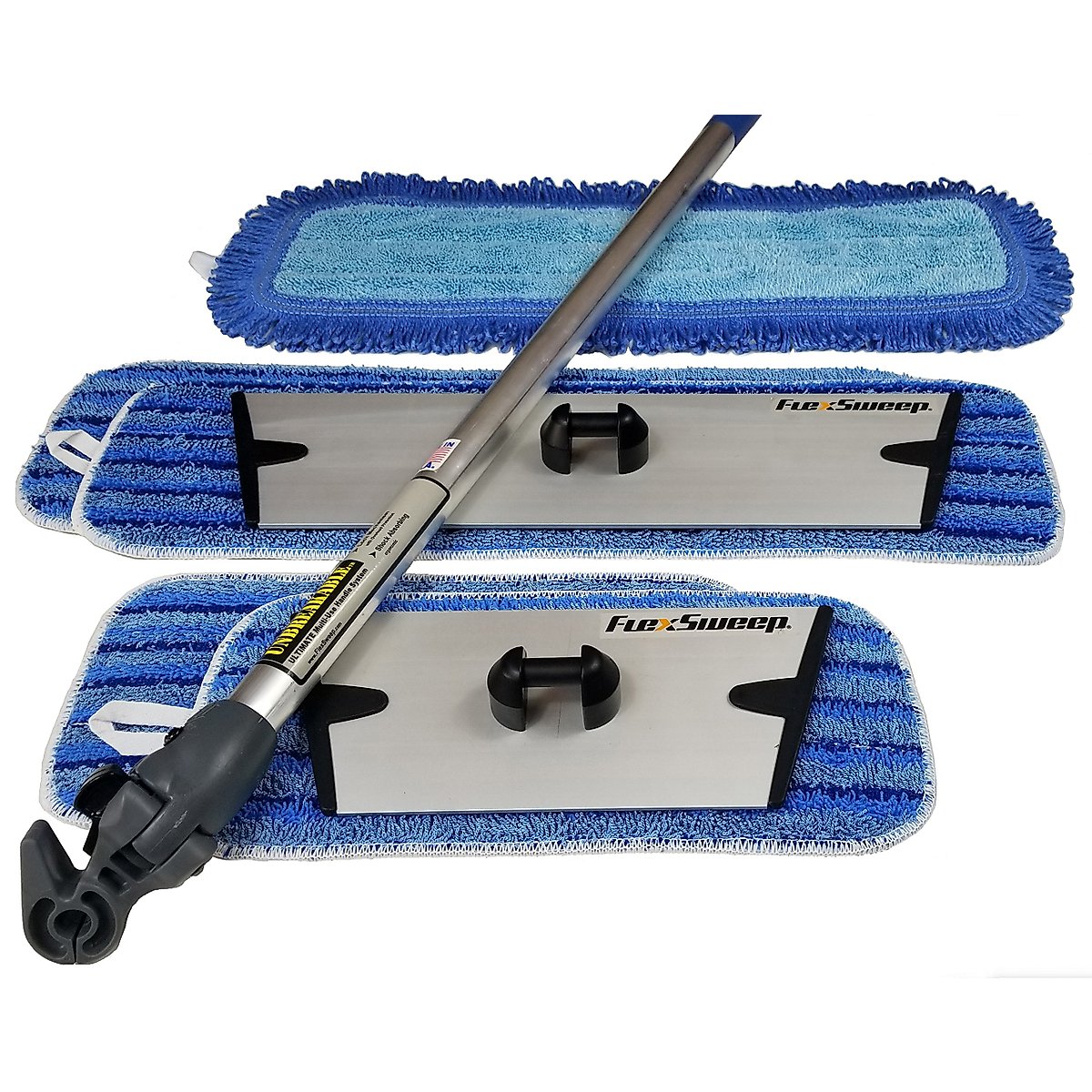 FlexSweep Patented Easy-Clean Microfiber Flat Mop System with Unbreakable Handle, Easy Snap-On 9 Inch and 18 Inch Frames, Microfiber Wet Scrub Pads, and Dry Dust Pads