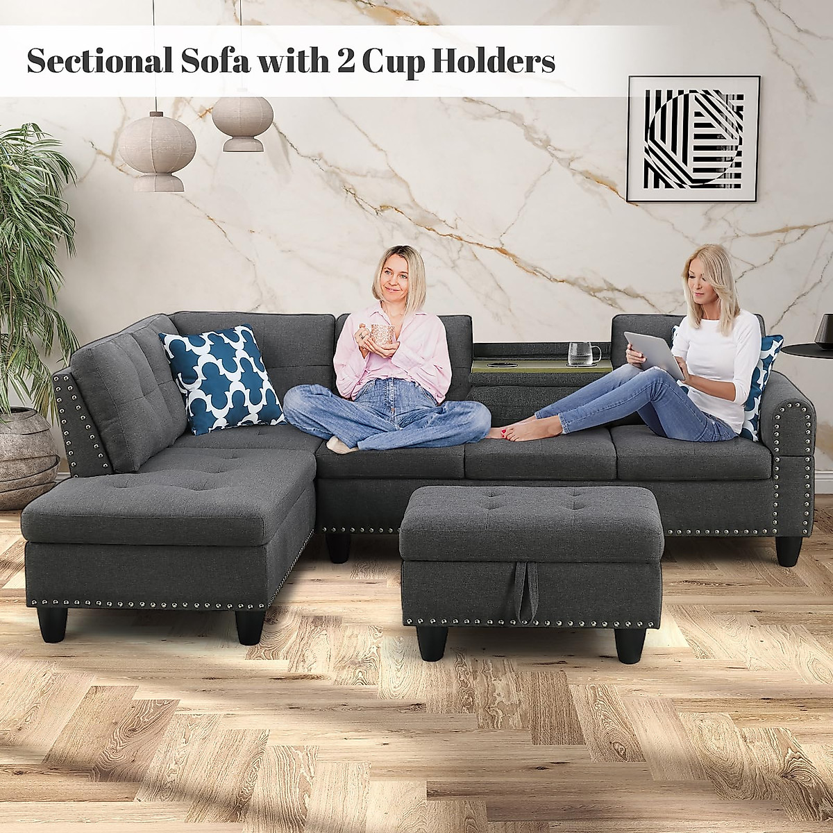 Rovibek L Shaped Sectional Couch with Ottoman and Pillows, 2 Cup Holders Design Living Room Sofa Set for Apartment, Office