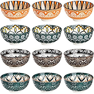 Foraineam 12 Pack Porcelain Bowls, 10 Ounces Small Bowl Set, Colorful Floral Round Bowl for Soup, Ice Cream, Snacks, Rice, Salad, Fruits, Side Dishes, Dishwasher and Microwave Safe