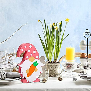 3 Pieces Easter Gnomes Shape Wood Sign Cute Standing Gnomes Easter Wood Crafts Easter Themed Freestanding Table Decorations for Desk Office Home Party (Gnome and Rabbit)