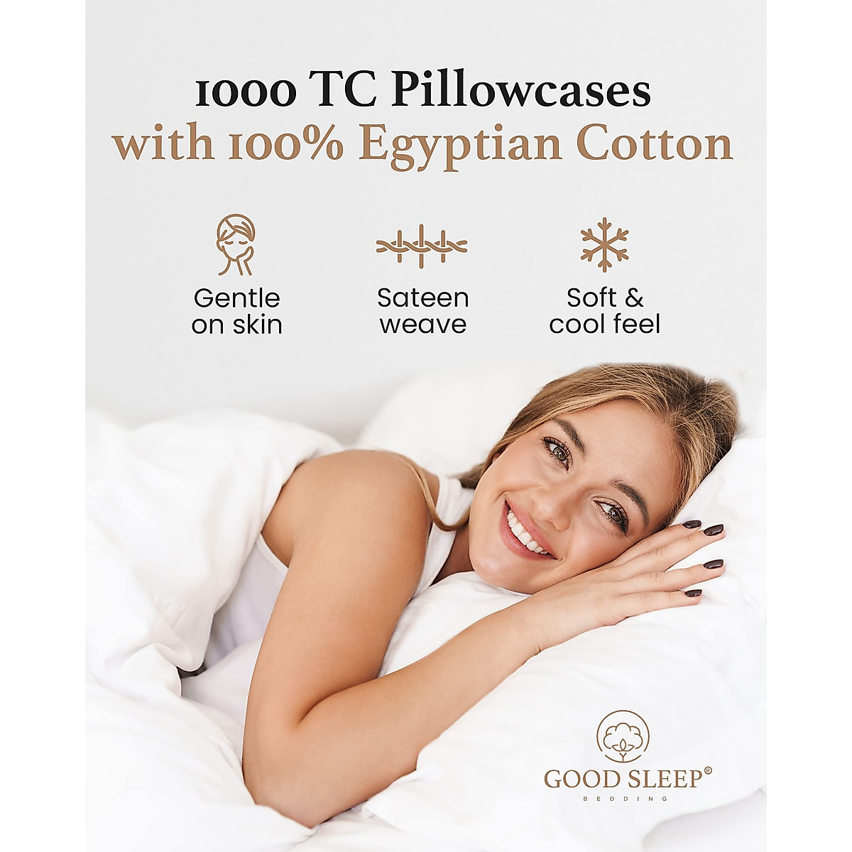 1000 TC White Standard Pillowcases Set of 2 100% Egyptian Cotton Pillow Cases with Long Staple Cotton & Sateen Weave, Silky Soft Hotel - Like Bed Pillow Covers for Comfy Sleeping, Snug Fit