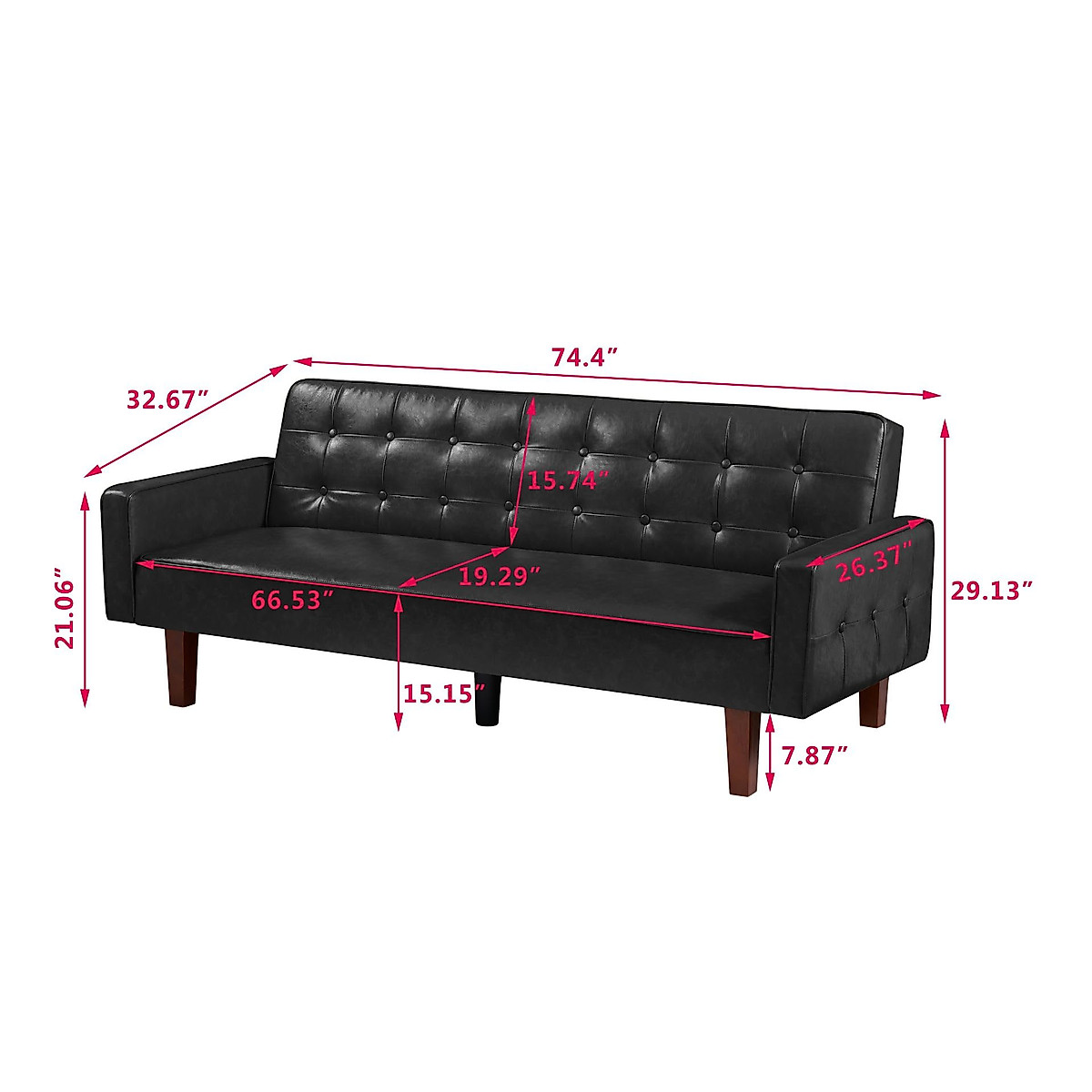 HoynPuko Multi-Functional Convertible Double Folding PU Leather Sofa Bed Living Room Furniture with Removable Wooden Legs, Adjustable Button Tufted Backrest, 74.41" W x 32.67" D x 29.13" H Black