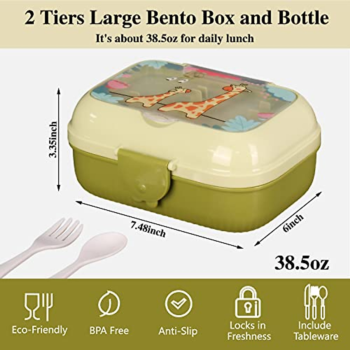 Bento Box Adults Lunch Box, Bento Box for Kids, Durable for On-the-Go Meal, 2 Tiers All-In-One Food Containers with 3 Compartments, Spoon, Fork and Water Bottle, Food-Safe (Green)