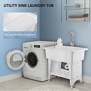 VINGLI Utility Sink Laundry Tub for Washing Room, Freestanding Utility Sink with Stainless Steel Faucet, White, 32.3"W x 22.4" D x43.3"H(Include Faucet)