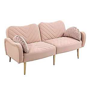 GNIXUU Small Couches for Living Room 65 inch, Mid Century Modern Velvet Love Seats Sofa Convertible Futon Bed with 2 Bolster Pillows, Loveseat Armrest for Bedroom, Apartment, Office, Pink
