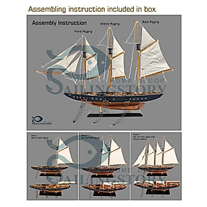 SAILINGSTORY Wooden Sailboat Model Ship Sailboat Decor 24" Schooner Atlantic 1:60 Scale Replica Blue and Walnut Antique Finish
