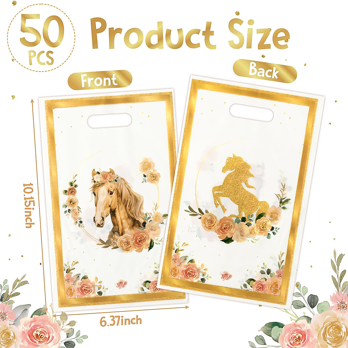 50Pcs Horse Party Favor Bags Gold Cowgirl Horse Party Bags Western Girl Sweet Goody Candy Treat Bags Horse Theme Party Decorations Plastic Gift Bag Birthday Snack Bag for Kids Birthday Party Supplies