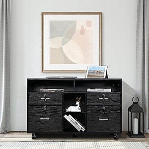 VINGLI Wood Mobile File Cabinet with 4 Drawers and Shelves, Printer Stand with Open Storage, Locking Lateral Filing Cabinet for Home Office, Black