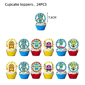 50Pcs Robot Party Supplies Set-Including Happy Birthday Banner,Cake Topper and Cupcake Toppers,Spiral Ornaments,Latex balloons for kid s Boys Robot Theme Party Decoration