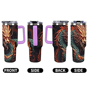 LLUTSNTH 40 Oz Vacuum Tumbler with Violet Handle Leakproof Insulated Tumbler Chinese Dragon Stainless Steel Travel Mug with Lid And Straw Coffee Cup Cute Water Bottles Cup Holder Friendly