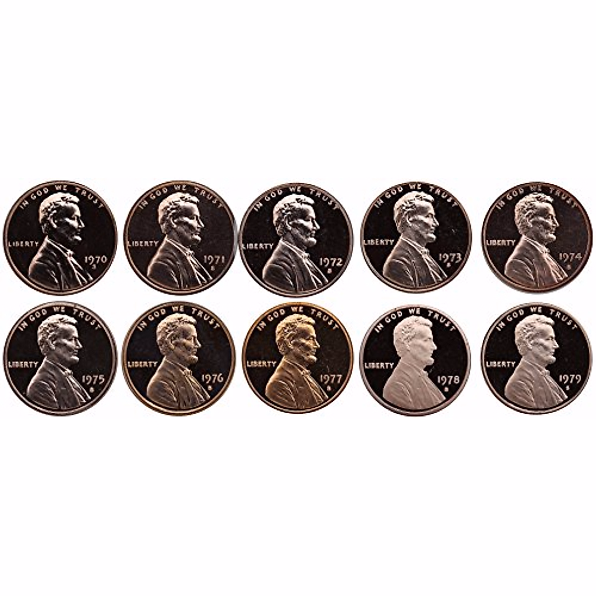 1970-1979 S Lincoln Memorial Cent Gem Deep Cameo Proof Run 10 Coin Set US Mint Penny Lot Complete 1970's Set