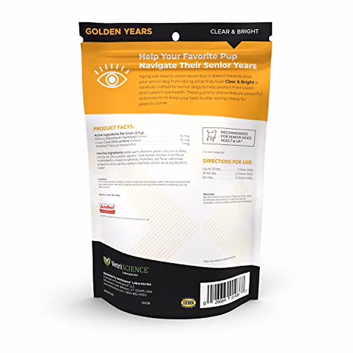 VetriScience Golden Years Clear and Bright for Senior Dogs, Chicken Liver, 60 Soft Chews - Promotes Eye Health with Powerful Antioxidants