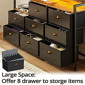 IRONCK Dresser with Power Outlets and LED Lights, 8 PU Leather Drawers Dresser with Charging Station, Wide Chests of Drawers for Closet, Bedroom, Hallway, Vintage Brown Black