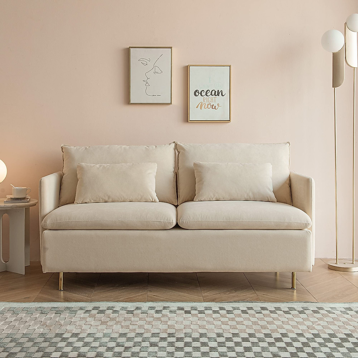 kevinplus 64'' Loveseat Sofa Couch with Arm for Living Room Bedroom Small Space, Modern Mid Century Upholstered Love Seat Sofa Cloud Couch for Apartment, Gold Metal Leg & Cotton Linen Fabric, Beige