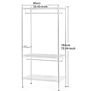 BechUbre 3-Tier Metal Hanging Storage Organizer Rack Wardrobe with Shelves, Extra Wide Clothes Rack Wire Shelving Garment Clothing Rack with Hanging Rods, White