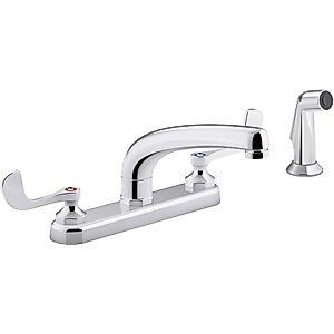 KOHLER 1.5 gpm kitchen sink faucet with 8-3/16" swing spout, matching finish sidespray, aerated flow and wristblade handles