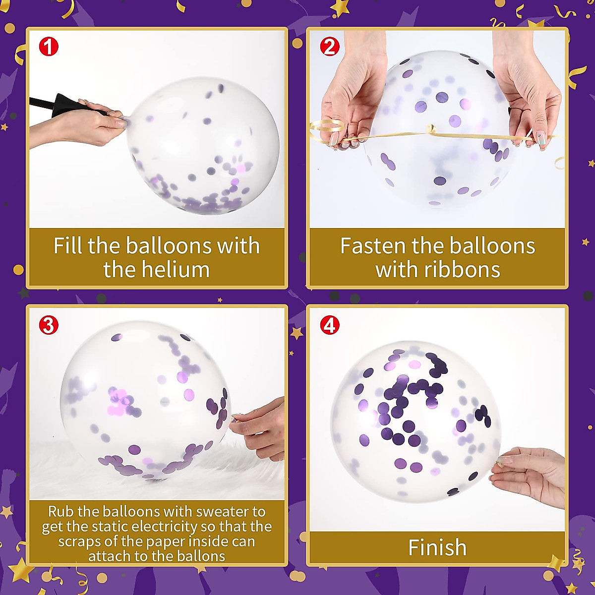 60 Pieces Balloons Kit 12 Inch Confetti Balloons with 2 rolls Ribbon Latex Balloon Party Favor Metallic Balloons for Birthdays Baby Shower Wedding Graduation Decorations (Black, Purple, White)