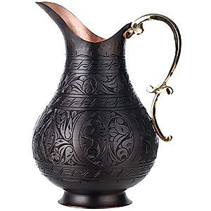 DEMMEX The Pitcher, 1mm Solid Copper Handmade Engraved Copper Pitcher Vessel Ayurveda Jug for Drinking Water, Moscow Mule, Cocktail (Antiqued-Engraved)