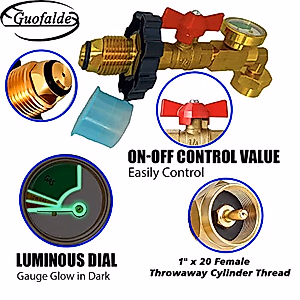 GUOFALDE POL Propane Refill Elbow Adapter with Gauge, 90 Degrees Propane Refill Pressure Adapter with ON-Off Control Valve, for Camping Grill 1Lb Bottle Tank