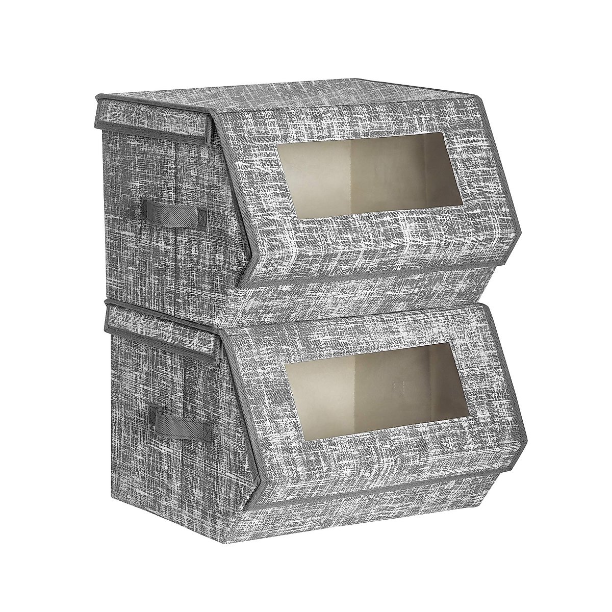 SONGMICS Stackable Storage Bins Set of 2, Fabric Storage Boxes with Lids, Storage Cubes with Magnetic Closures, Front Windows, Lids Can Stay Open after Stacking, Light Gray URLB002G02
