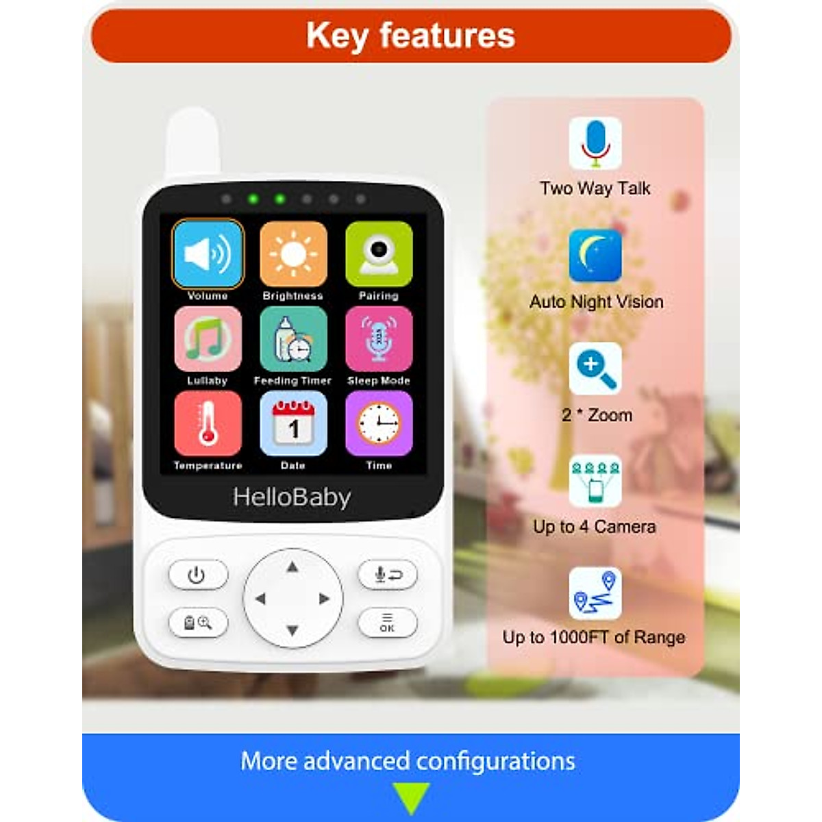 HelloBaby Monitor with 29Hour Battery Life and 4" IPS Screen, No WiFi, Video Baby Monitor with Camera and Audio 1000ft Long Rang Auto Night Vision 2 Way Audio Temperature VOX Mode for Baby Pet Eldly