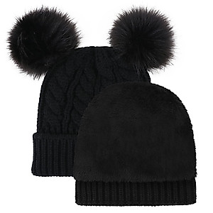 Arctic Paw Pom Pom Beanie Cable Knit Fleece Lined Winter Beanie Women Hat Black Beanie Women