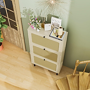 DKLGG Shoe Cabinet with 3 Flip Drawers, Rattan Entryway Shoe Storage Cabinet, Freestanding Wooden Shoe Rack Storage Cabinet with Metal Legs, Narrow Hidden Shoe Organizer for Entryway Hallway Mudroom