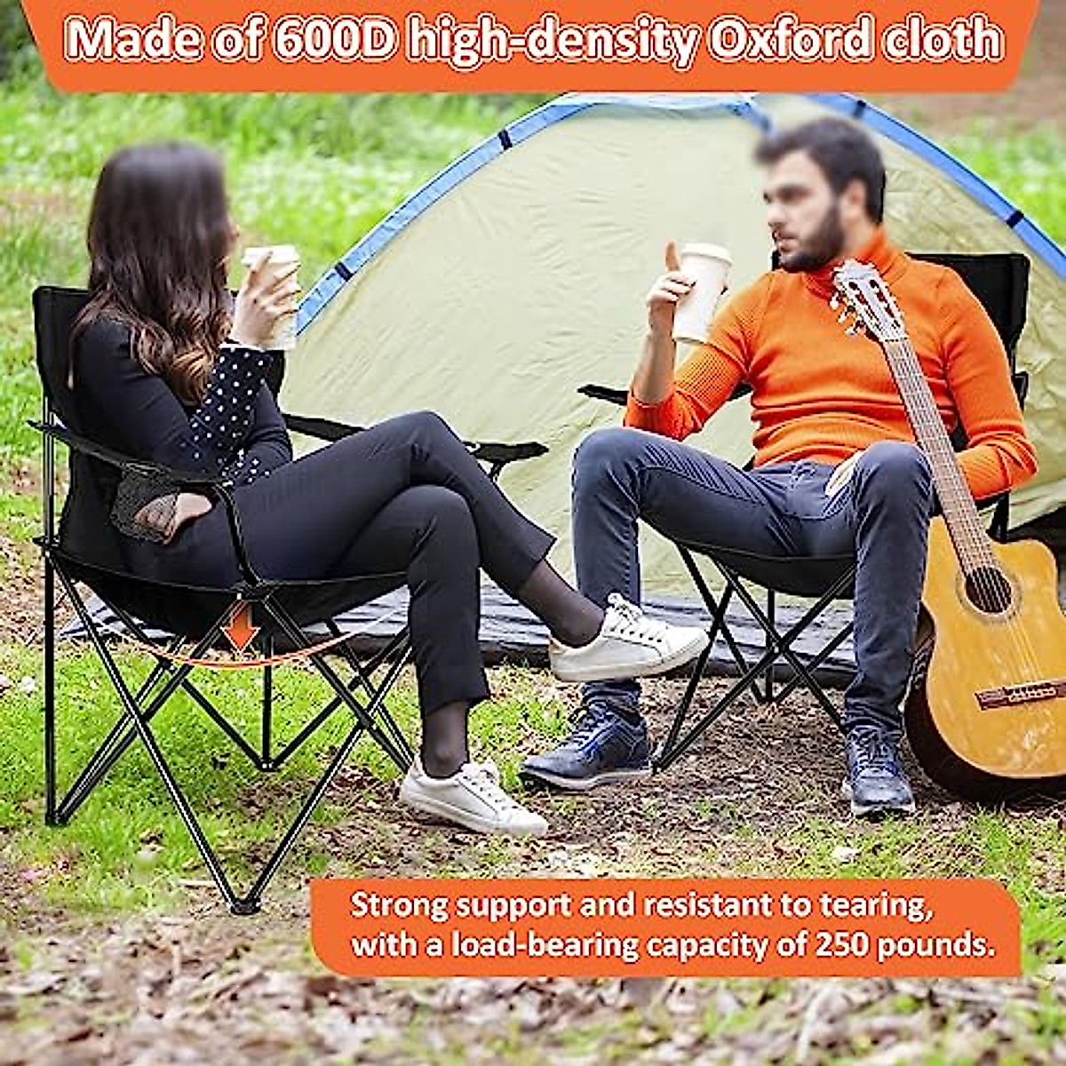 Leonyo 2 Pcs Camping Chairs with Table, Folding Chairs for Outside & Portable Camping Table, Oversized Heavy Duty Foldable Chair for Adults Fishing, Picnic, Hiking, Sports, Lawn, Travel - Black