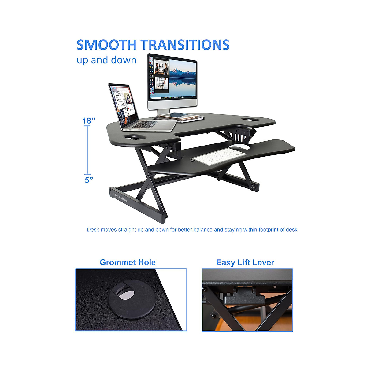 Rocelco 46" Height Adjustable Corner Standing Desk Converter, Quick Sit Standup Dual Monitor Riser, Gas Spring Assist Tabletop Computer Workstation, Large Keyboard Tray, (R CADRB-46), Black