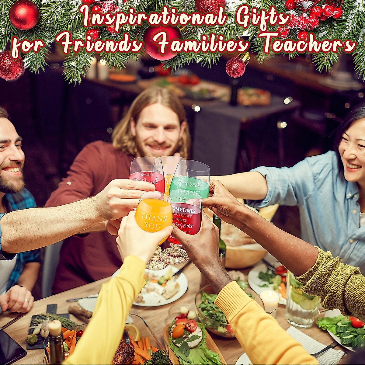 Mumufy 6 Pieces Thank You Stemless Wine Glass Gifts for Women, Inspirational 17oz Cups for Her Coworker Friends Teacher, Christmas Appreciation Birthday Thanksgiving Day Gifts Cups, 6 Styles