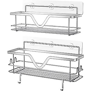 SIXDOVE Shower Caddies 2 PACK - No Drilling Adhesive Shower Organizer with Hooks, Rustproof SUS304 Stainless Steel Bathroom Shower Shelf, Shower Rack Large Shower Holder & Kitchen Storage (Silver)