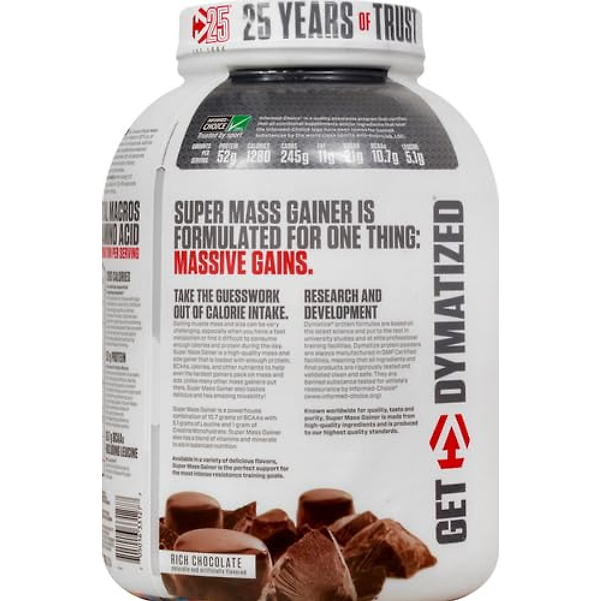 Dymatize Super Mass Gainer Protein Powder, 1280 Calories & 52g Protein, 10.7g BCAAs, Mixes Easily, Tastes Delicious, Rich Chocolate, 6 lbs