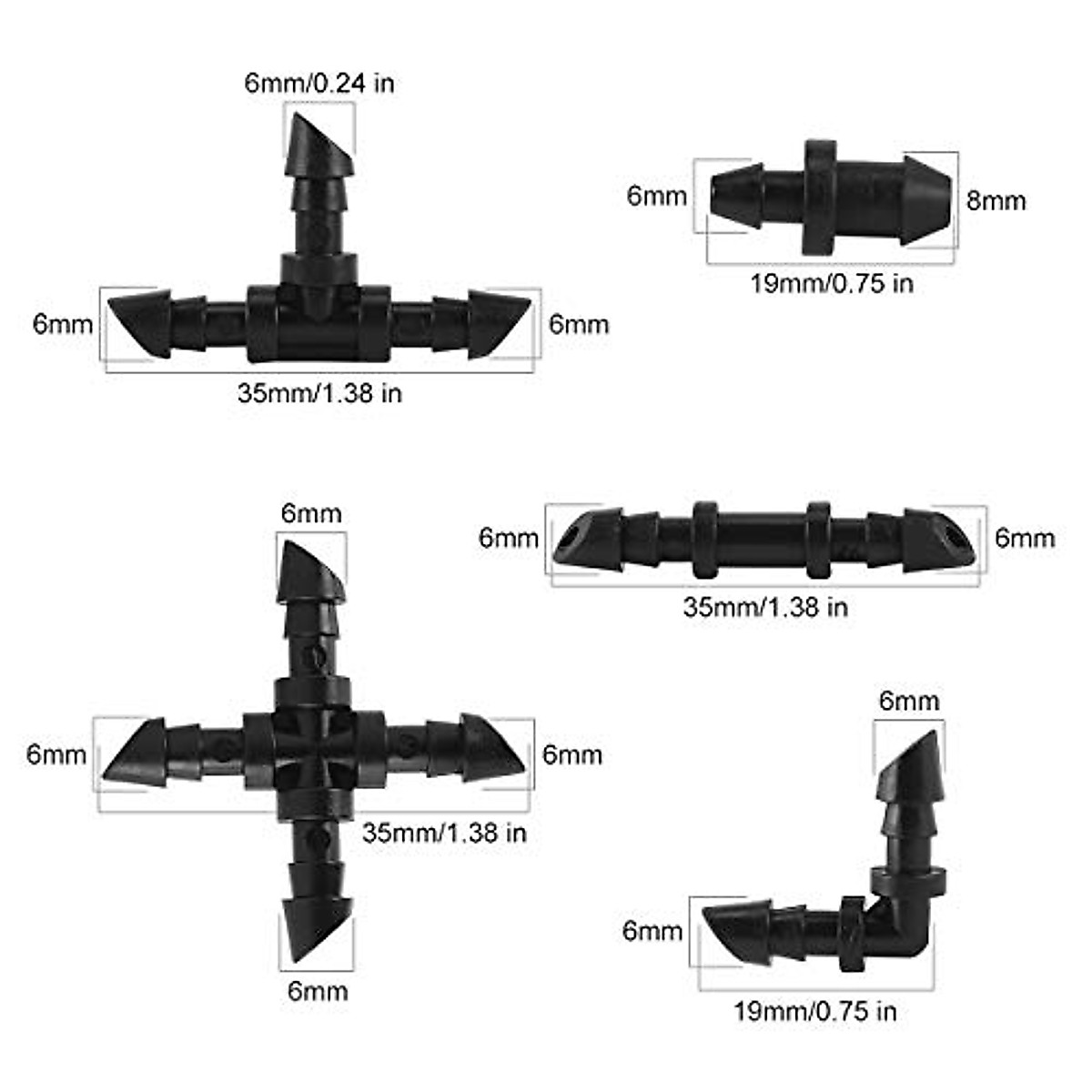 Irrigation Fittings Kit for 1/4" Tubing Drip Irrigation Barbed Connectors Lawn Gardens Flower Beds Herbs Gardens Drip Systems